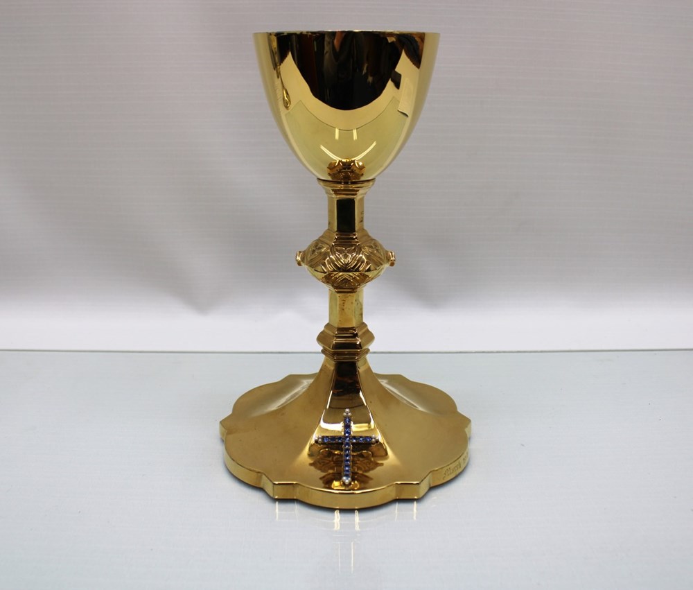 9 1/4" Full Sterling Chalice w/ Sapphire & Pearl Encrusted Cross | T. H ...