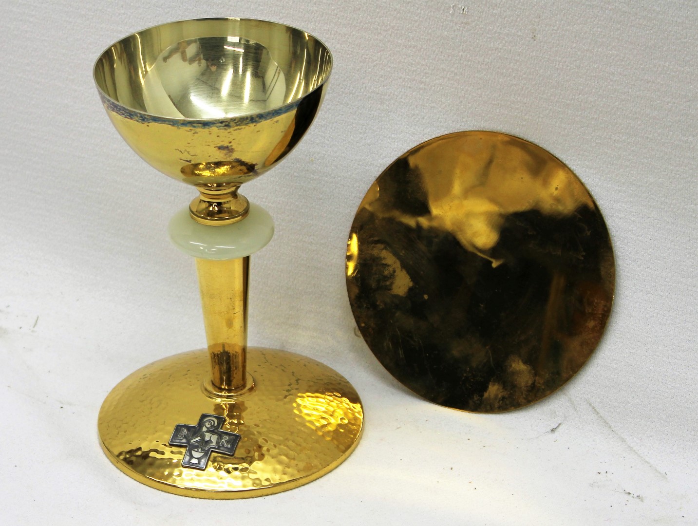 7-3/4" Brass Chalice w/ Stone Node & Hammered Base - 5-1/2" Scale Paten ...